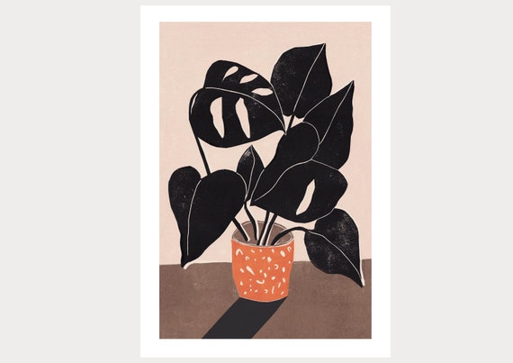 Monstera Still Life Coloured Lino Print Hand Printed - Etsy