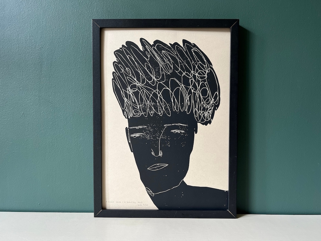 A Fuzzy Head/ a Beautiful Mess - Original Art - Coloured Lino Print ...