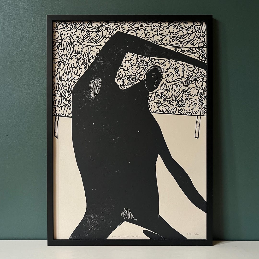 Man on Floral Armchair: Original Linocut Portrait Print - Etsy