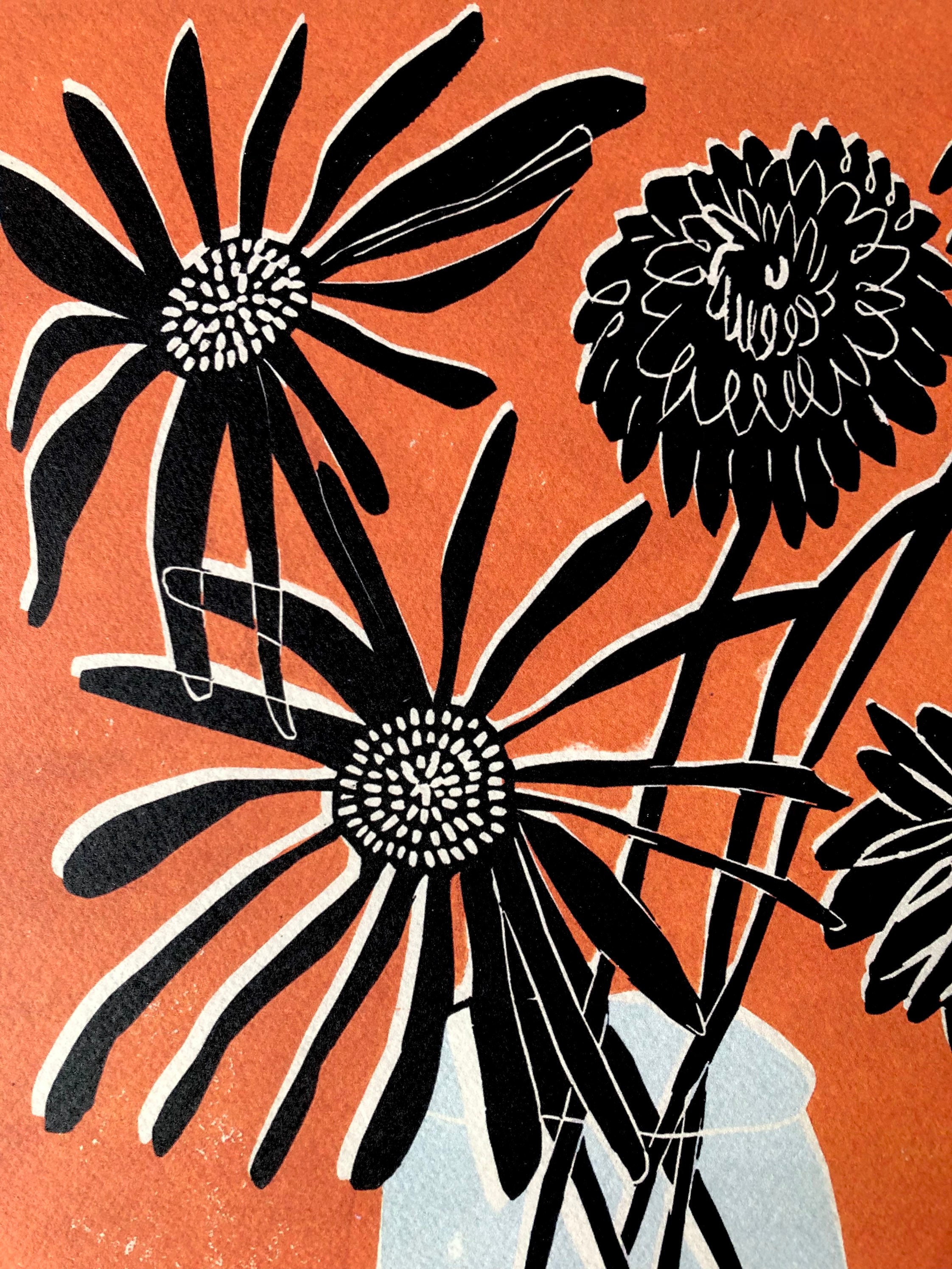 Autumn Flowers Still Life Coloured Lino Print Hand - Etsy