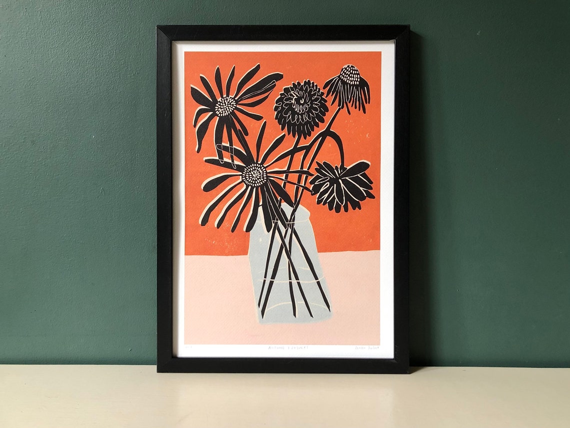 Autumn Flowers Still Life Coloured Lino Print Hand | Etsy