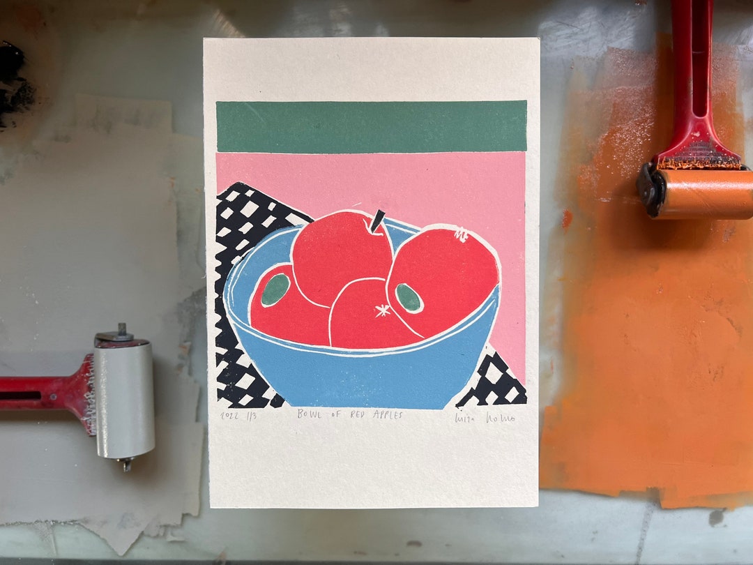 Bowl of Red Apples - Original Art - Still Life - Coloured Lino Print ...
