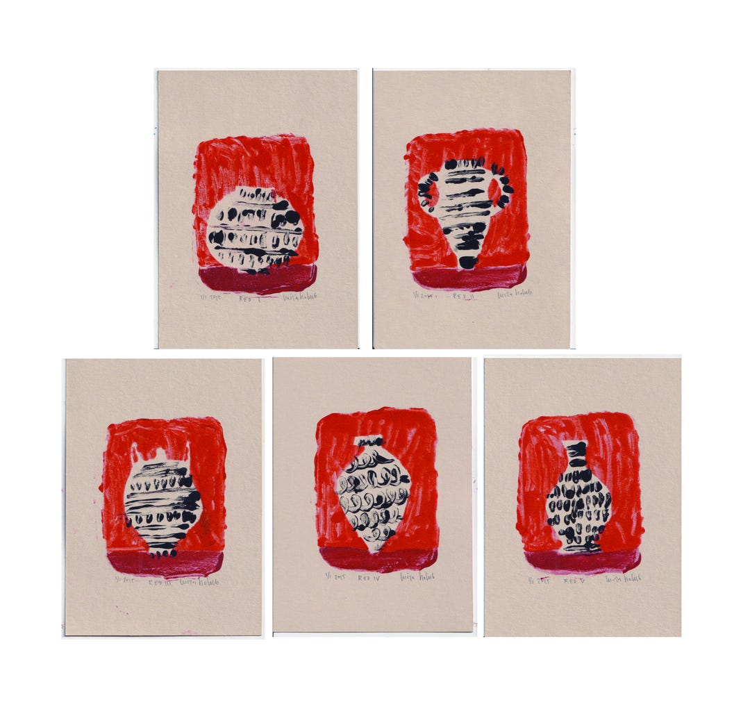 Red Still Life Monoprint I-V - Original Art - Hand Printed - Wall Art ...