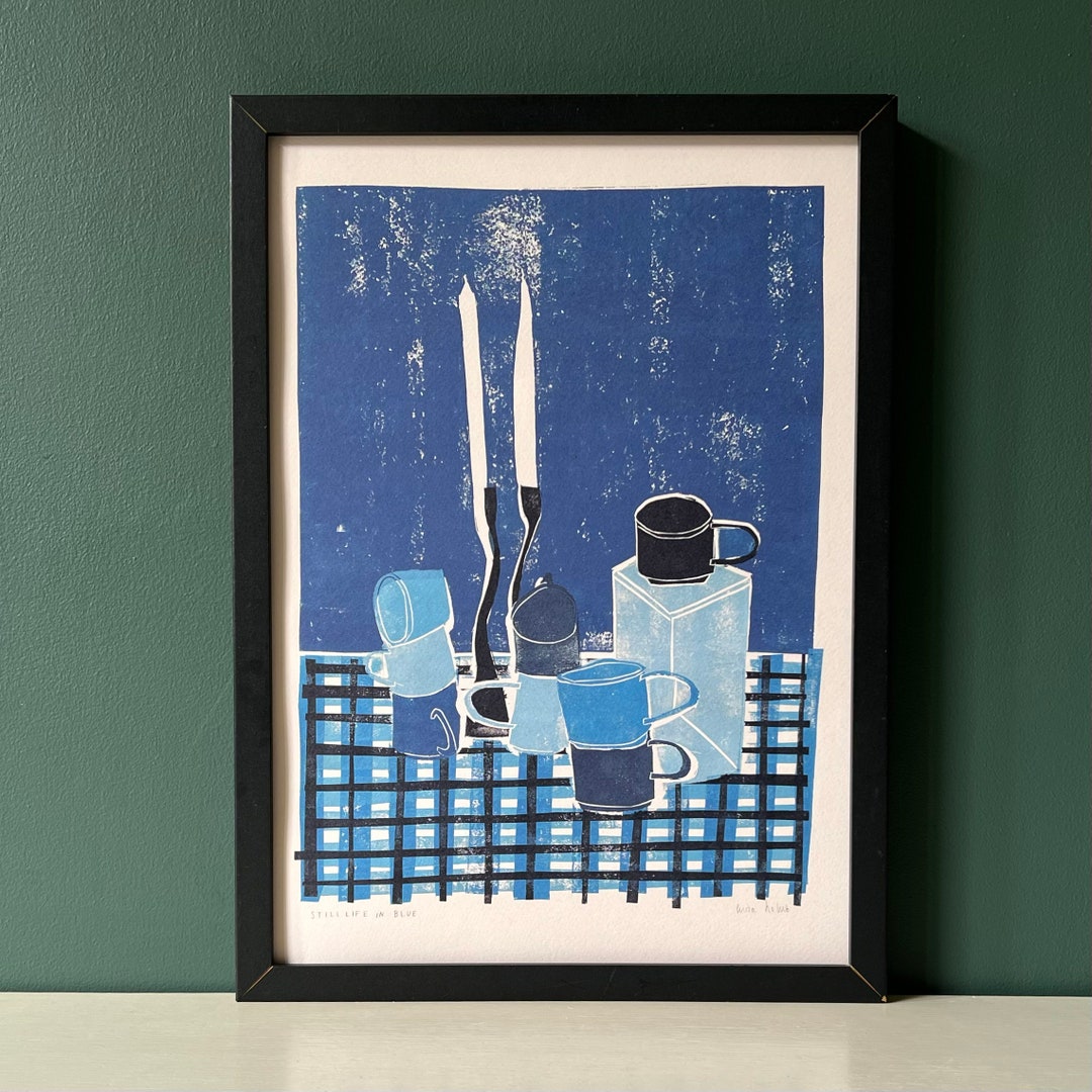 Still Life in Blue - Coloured Lino Print - Hand Printed - Wall Art ...
