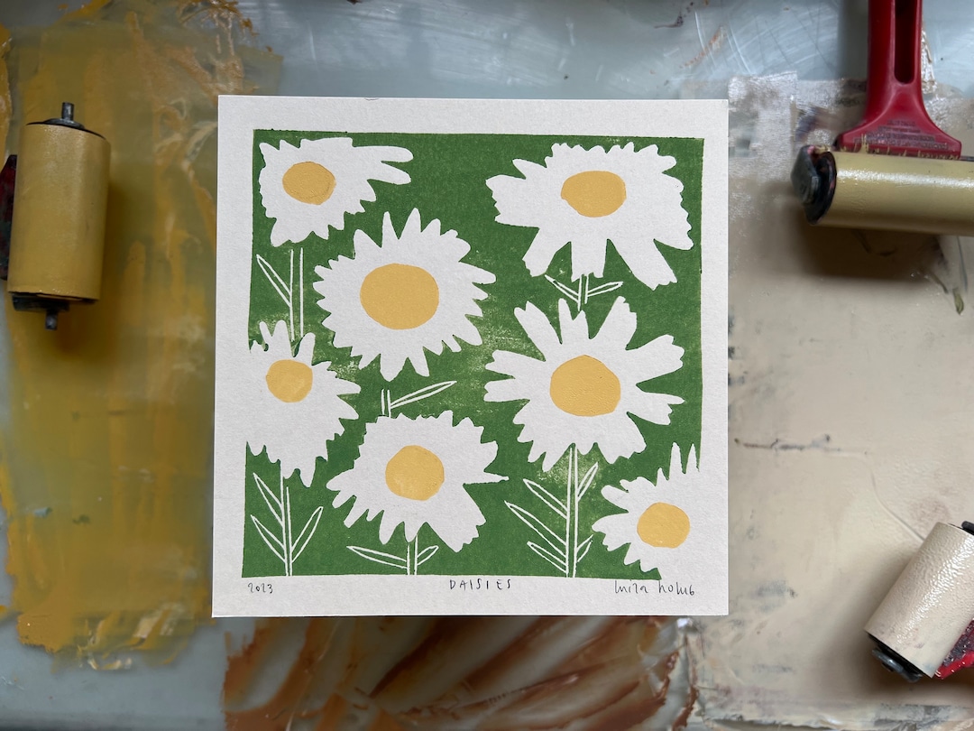 Daisies Original Art Coloured Lino Print Hand Printed Wall Art Block ...