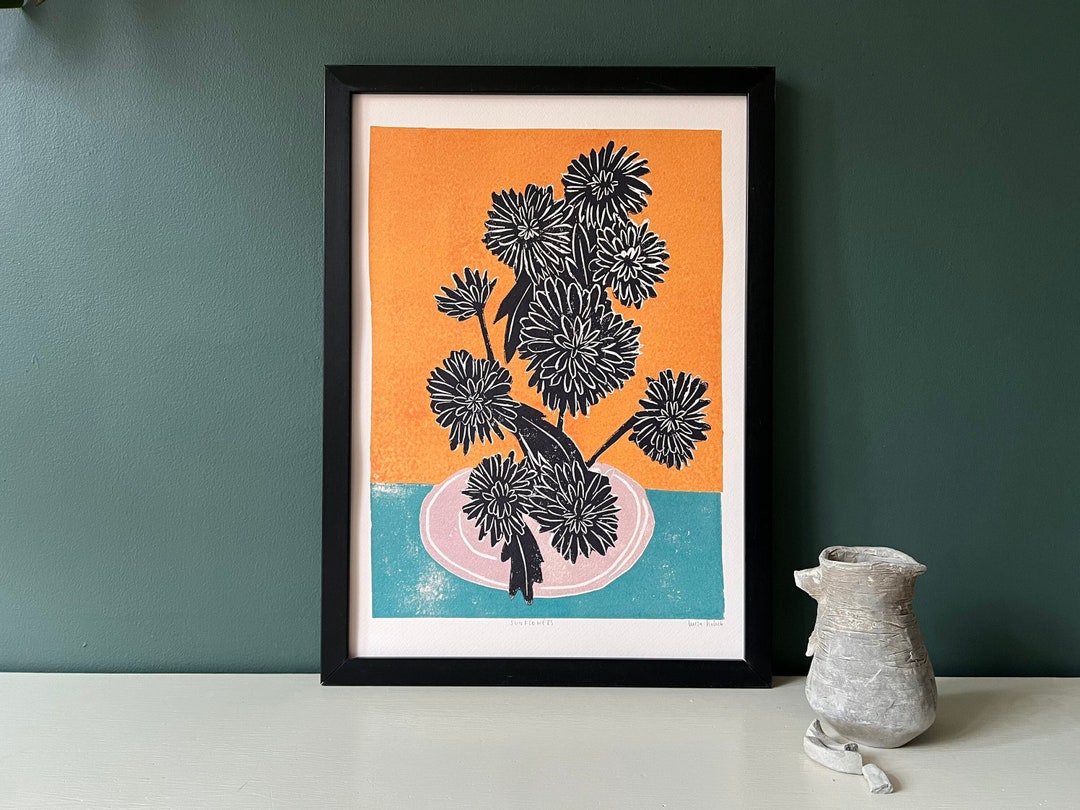 Sunflowers Coloured Lino Print Hand Printed Wall Art Block Print - Etsy