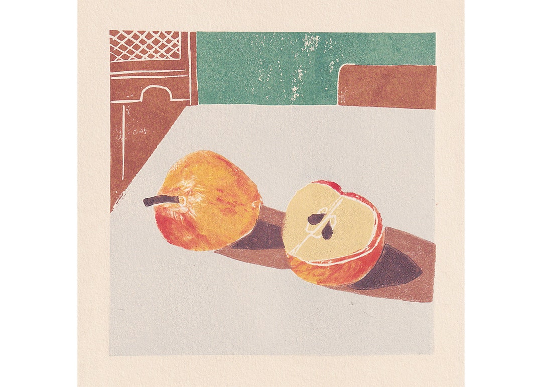 Two Apples illustration Food Art Print coloured Lino Print Hand Printed ...