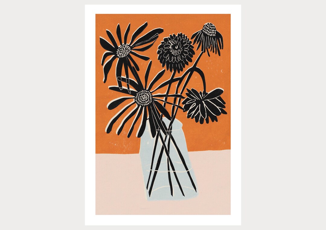 Autumn Flowers - Still Life - Coloured Lino Print - Hand Printed - Wall ...