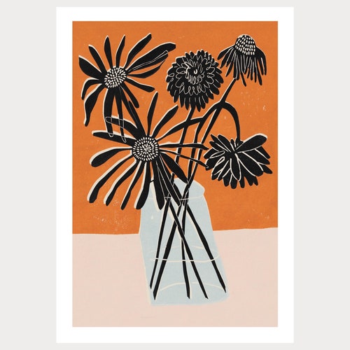 Autumn Flowers Still Life Coloured Lino Print Hand - Etsy