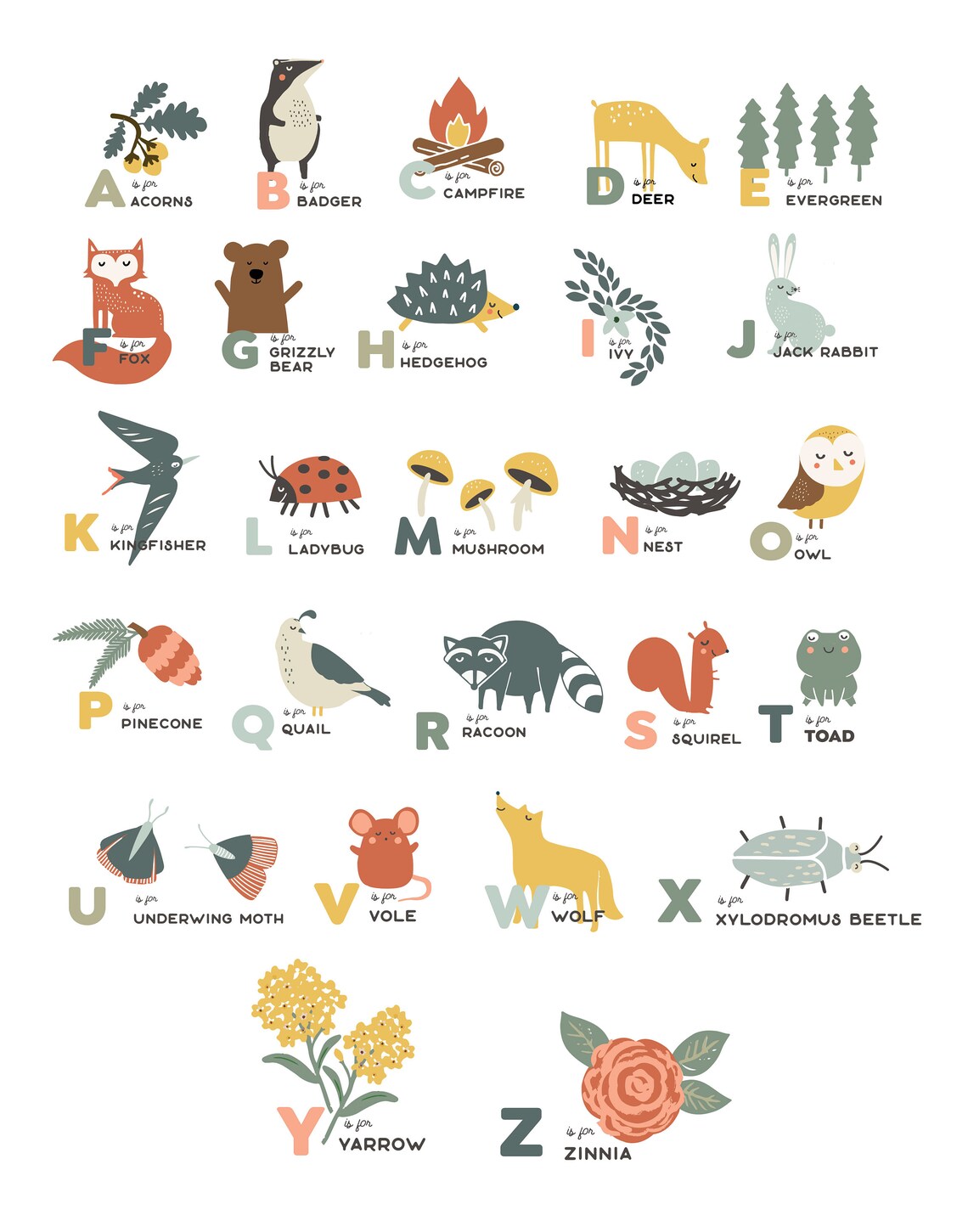 PRINTABLE Woodland/animal Alphabet Flash Cards, Nursery Art, Playroom ...