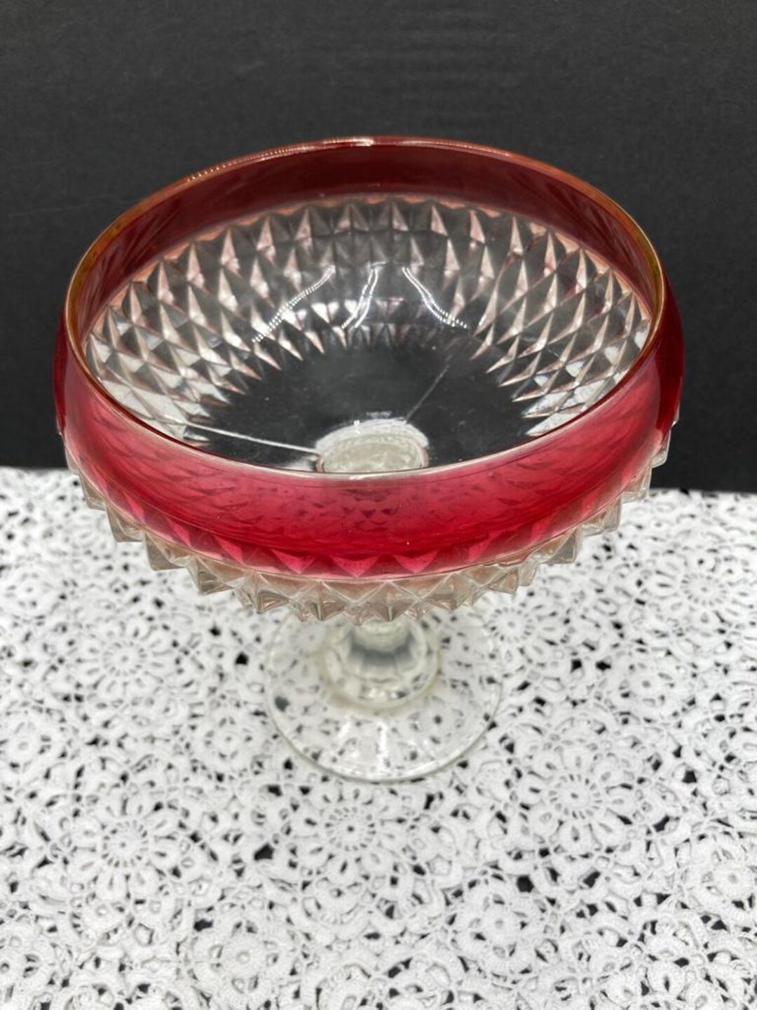 Vintage Indiana Cut Glass Compote Bowl: Diamond Point Ruby Red Art Deco ...