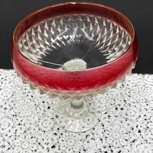 Vintage Indiana Cut Glass Diamond Point Ruby Pattern Pedestal Compote Bowl, Candy or Nut Dish ...