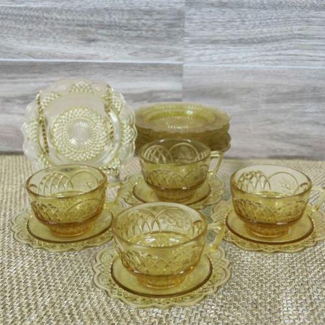 Yellow Mayfair Open Rose Glass Plates Cups & Saucers | Vintage ...