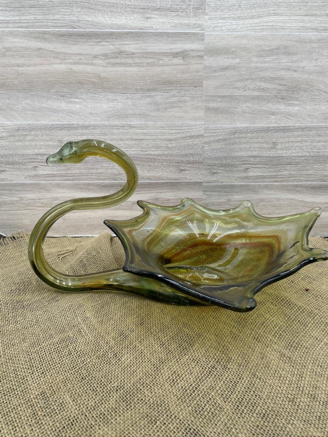 Vintage Mid Century Green Hand Blown Art Glass Swan Candy Dish Just for ...