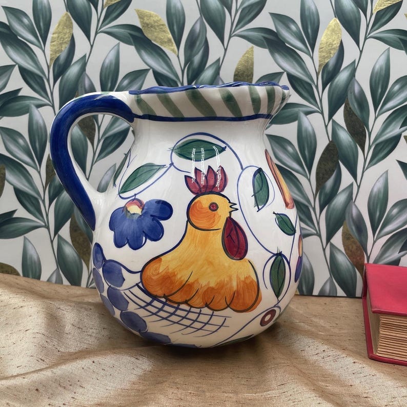 Baum Bros. Style-eyes Rooster Fruits With Blue Trim. 8" Pitcher & Maxam ...