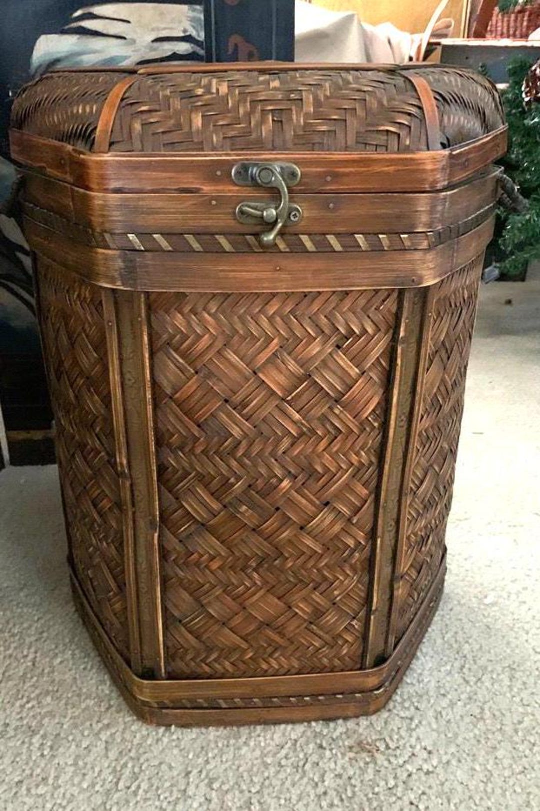 Vintage Woven Wood Rattan Hinged Storage Baskets Side Handles Front ...