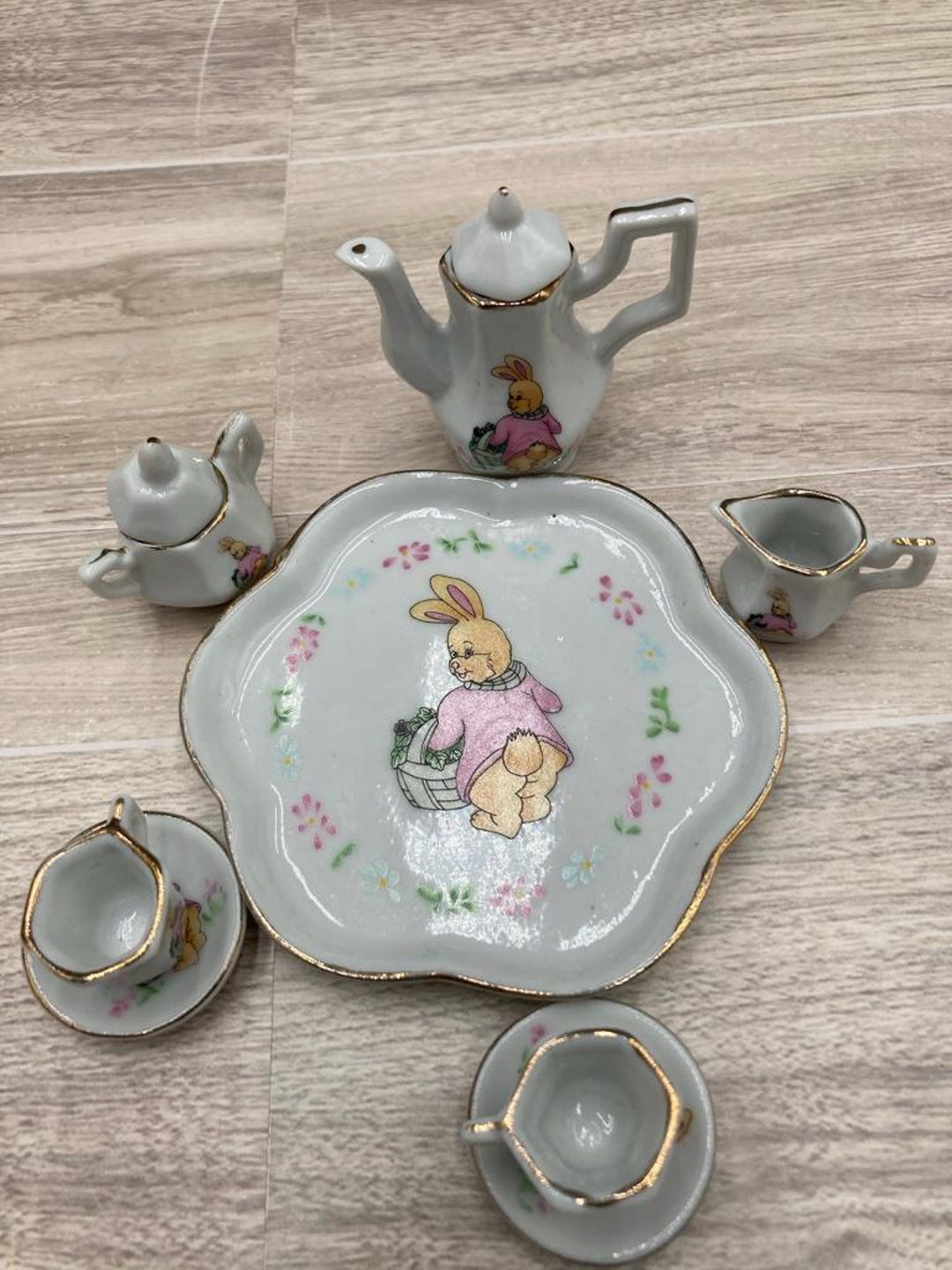 Miniature Tiny Rabbit Tea Set 10 Pieces Gold Trim Set Tiny Rabbit ...
