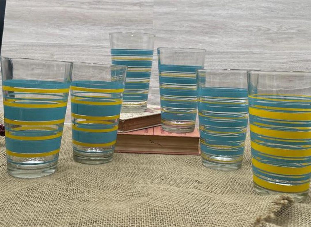 Vintage Aqua & Yellow Striped Tumblers: 70s Glassware Set - Etsy