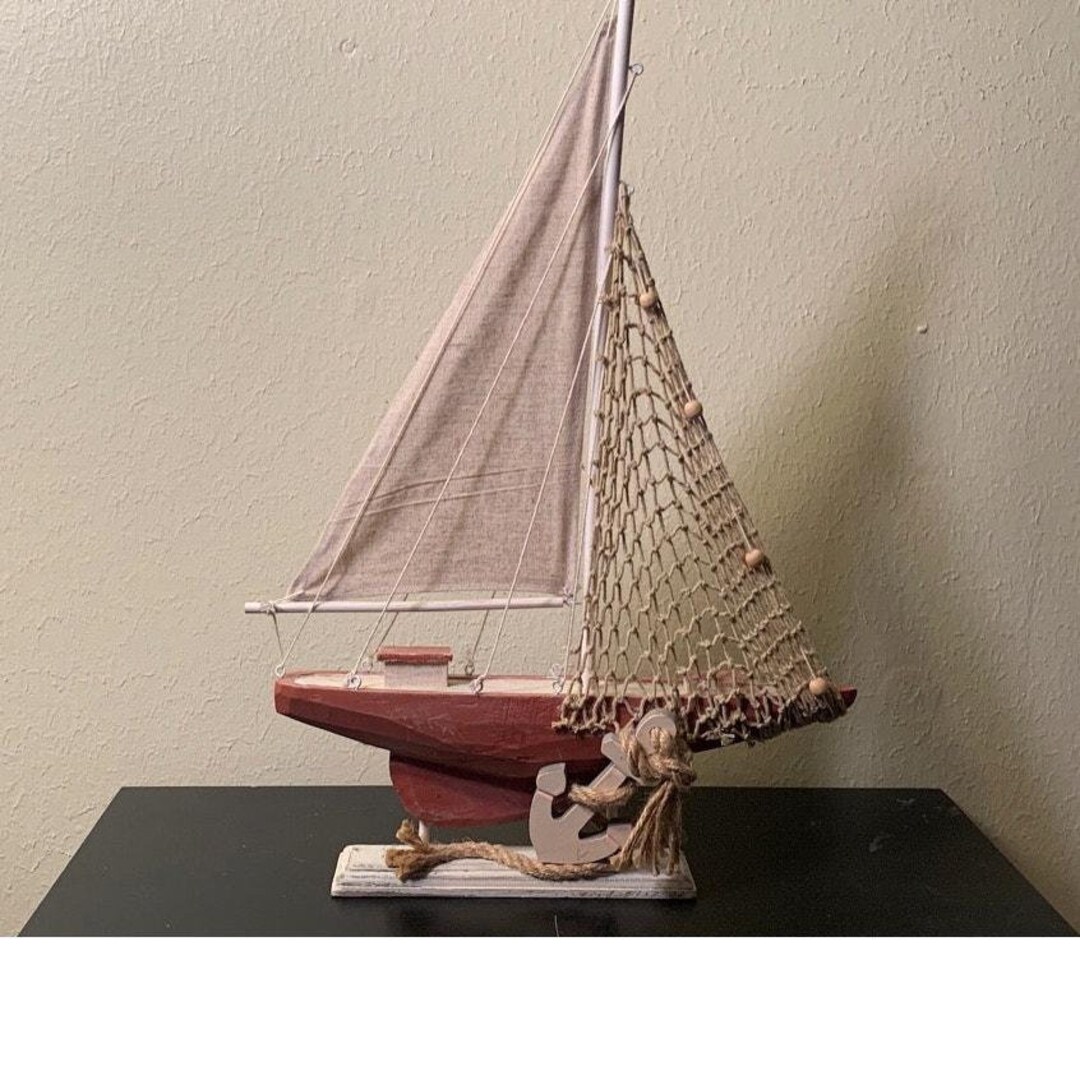 Wooden Sailboat With Net Sail and Linen Sail Wood Hull Anchor, Nautical ...
