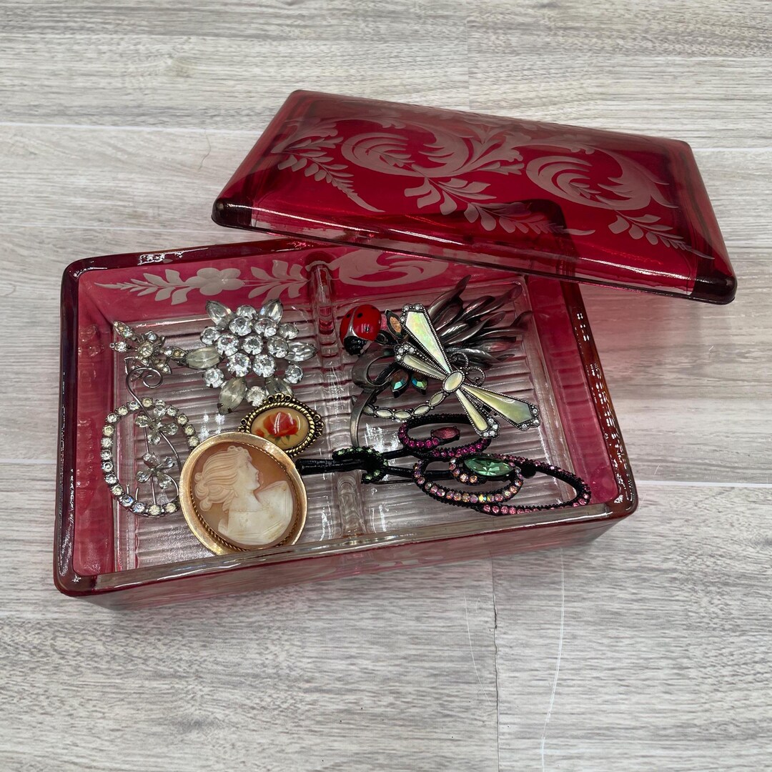 Red Glass Box Playing Card Holder Glass Box With Lid Trinket Box ...
