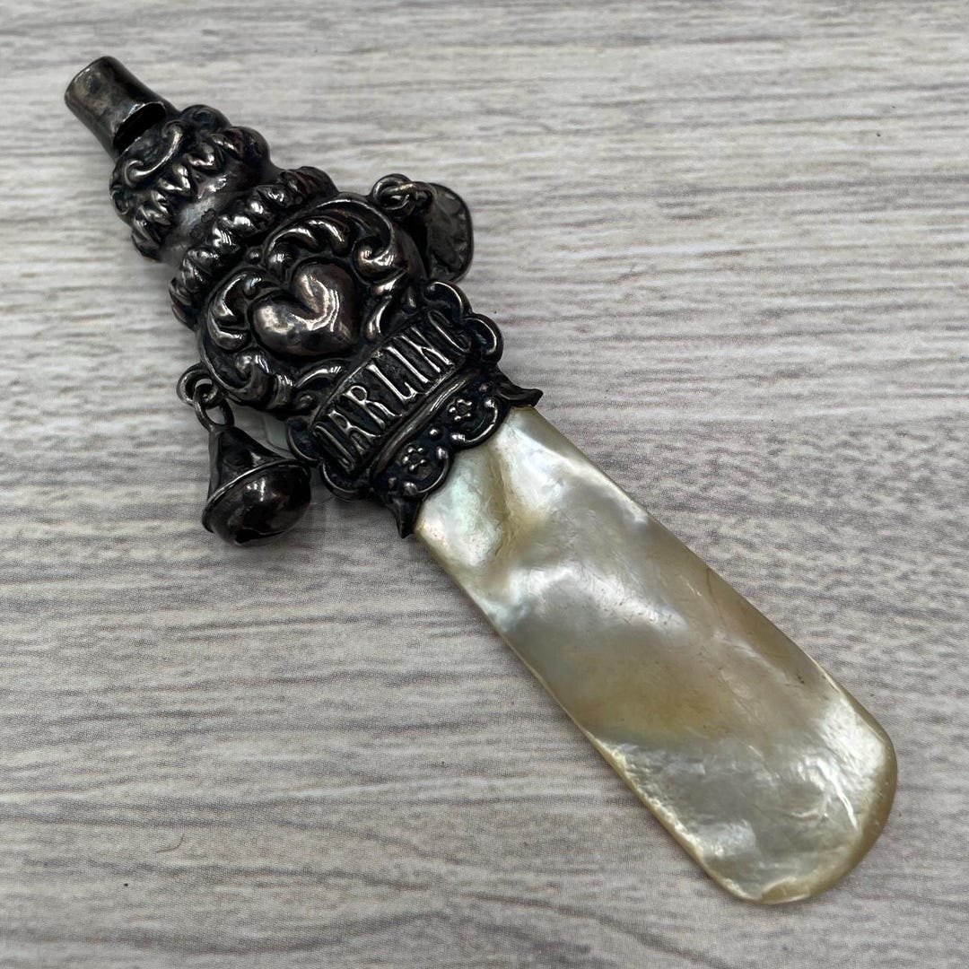 Antique Silver Baby Rattle – Mother of Pearl Christening Keepsake ...