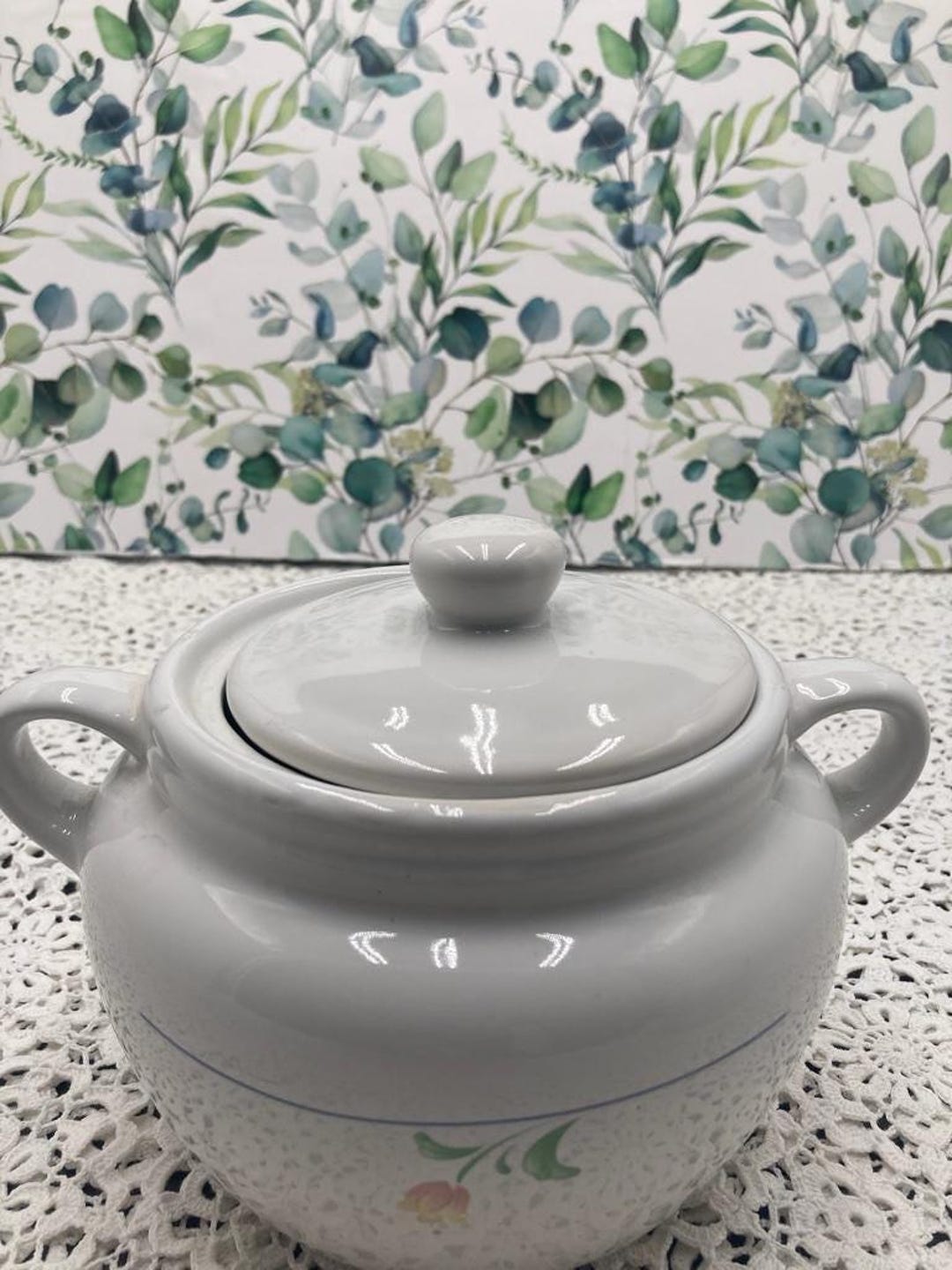 Vintage Ceramic Bean Pot With Floral Design| Lid| 2-handle White Crock ...