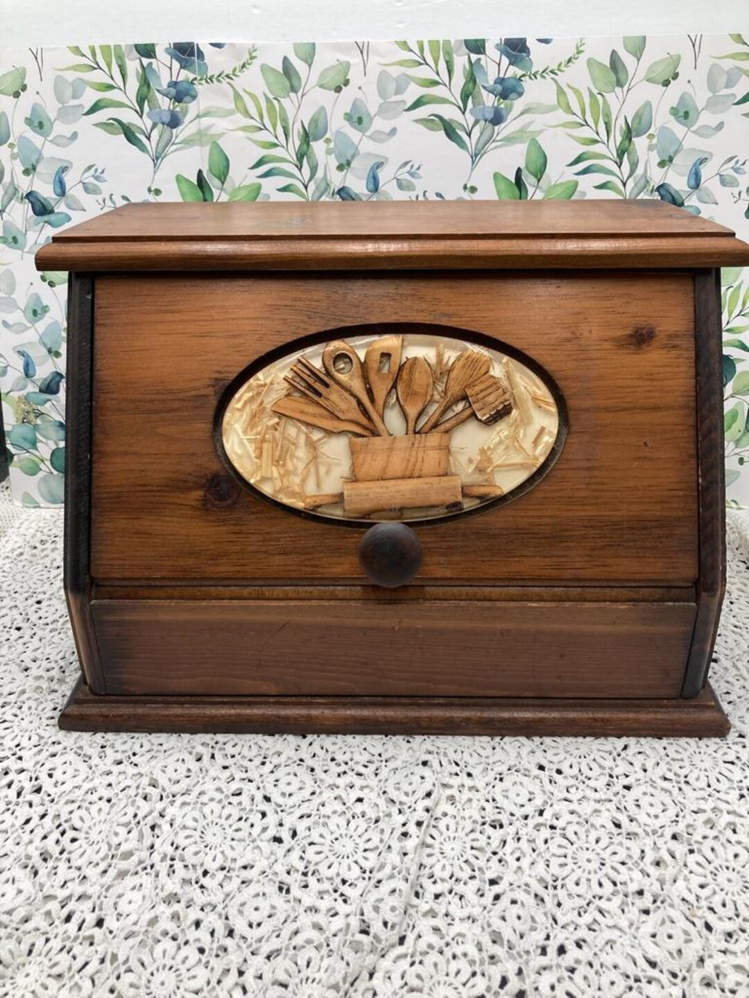 Vintage Wooden Bread Box Wooden Spoons Inlay Bread Maker Gift MCM ...