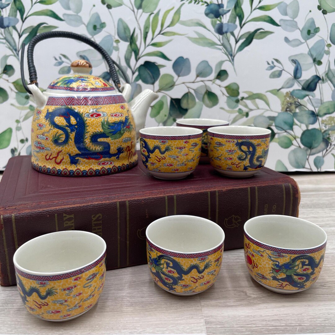 Vintage Chinese Ceramic Tea Set, Chinese Teapot With Bamboo Handle ...