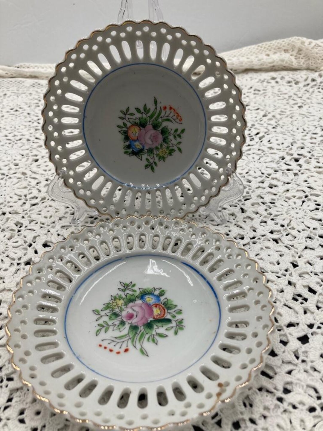 Vintage Japanese Porcelain Dishes: Hand-painted Floral Reticulated ...