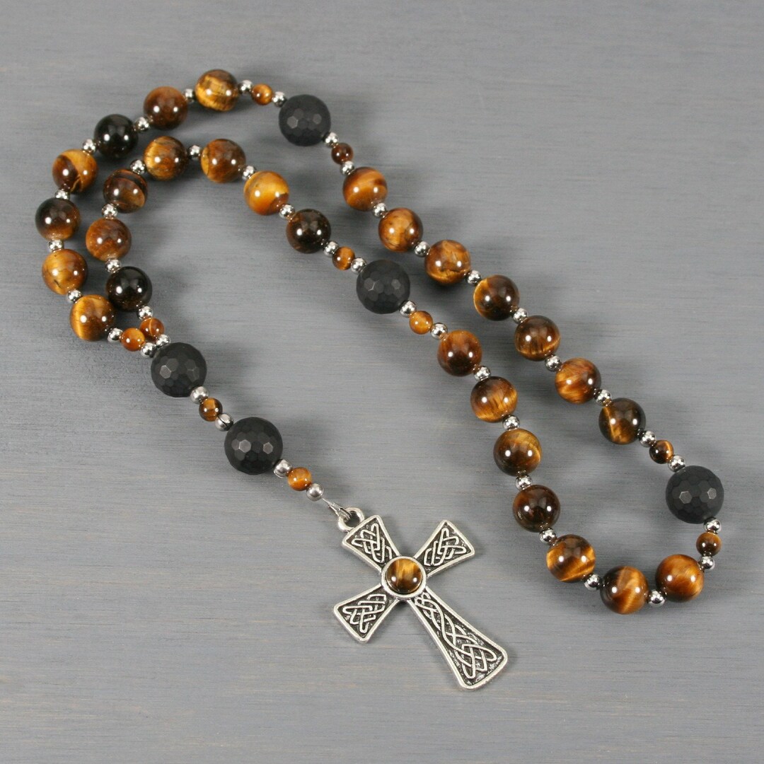 Anglican Rosary in Tiger Eye and Black Onyx With Celtic Knot Cross - Etsy