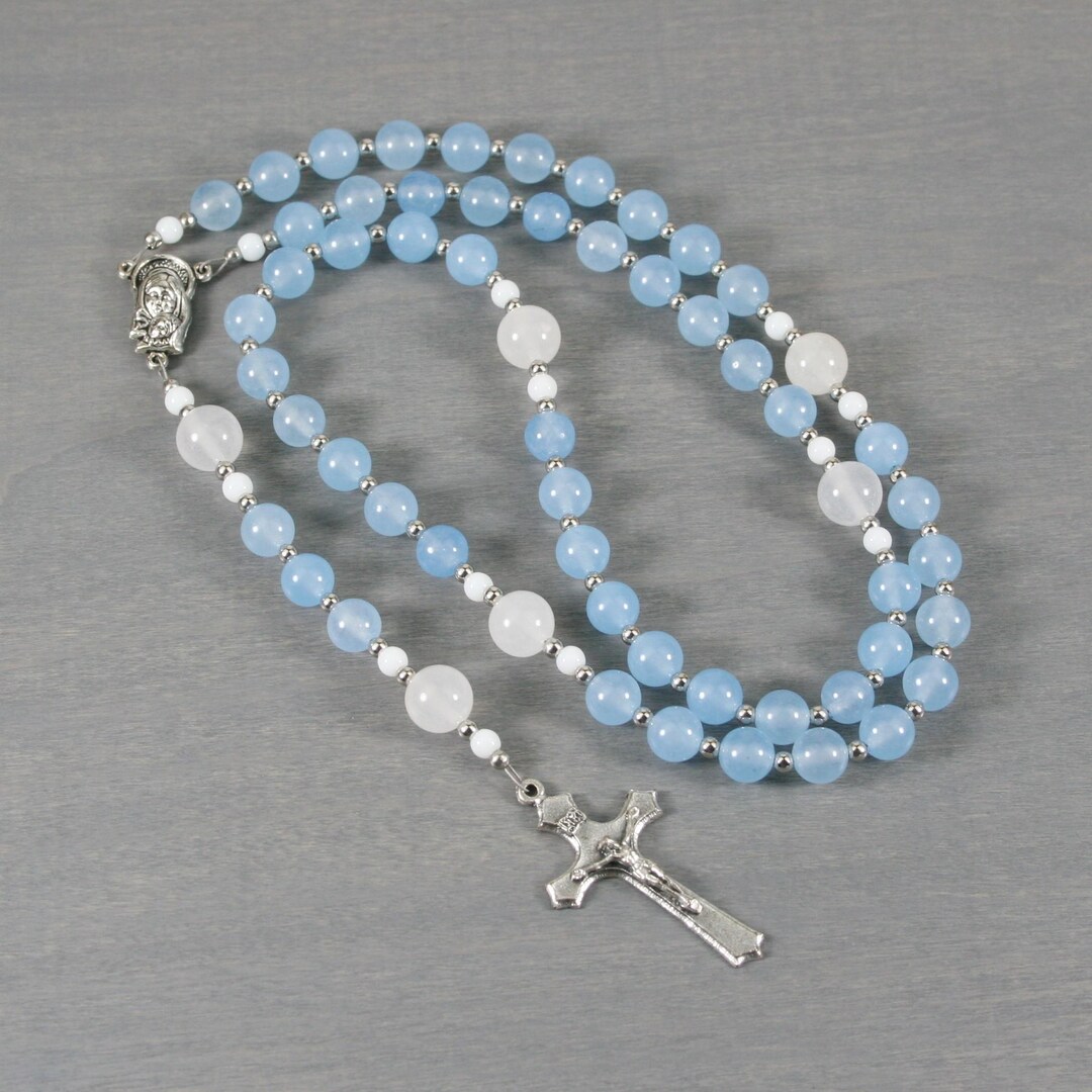 Catholic Rosary in Sky Blue Jade and Snow White Jade - Etsy