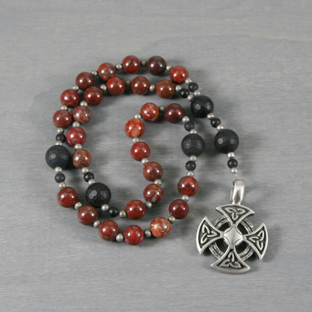 Anglican Rosary in Brecciated Jasper and Matte Black Onyx With an ...