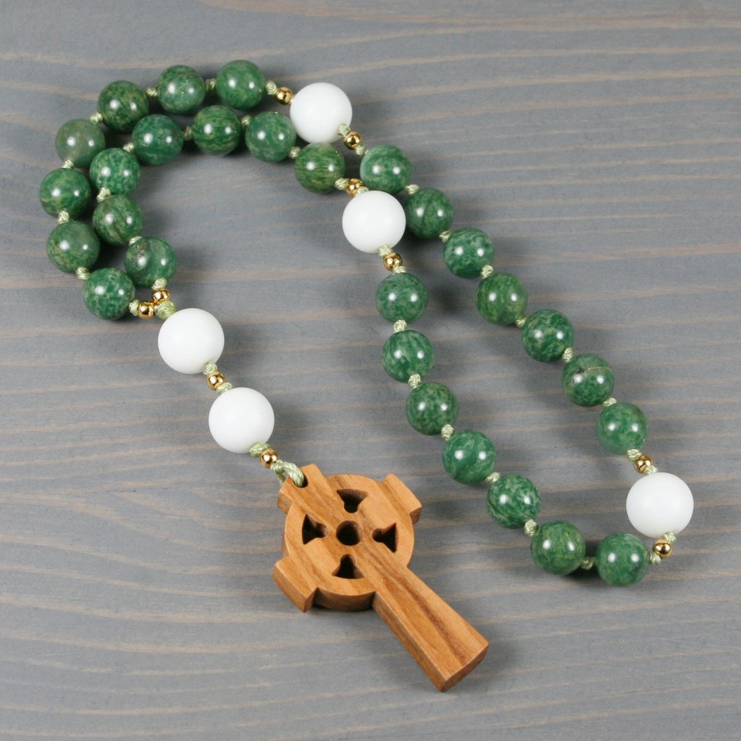 Anglican Rosary in African Jade and Matte Snow White Jade With an Olive ...