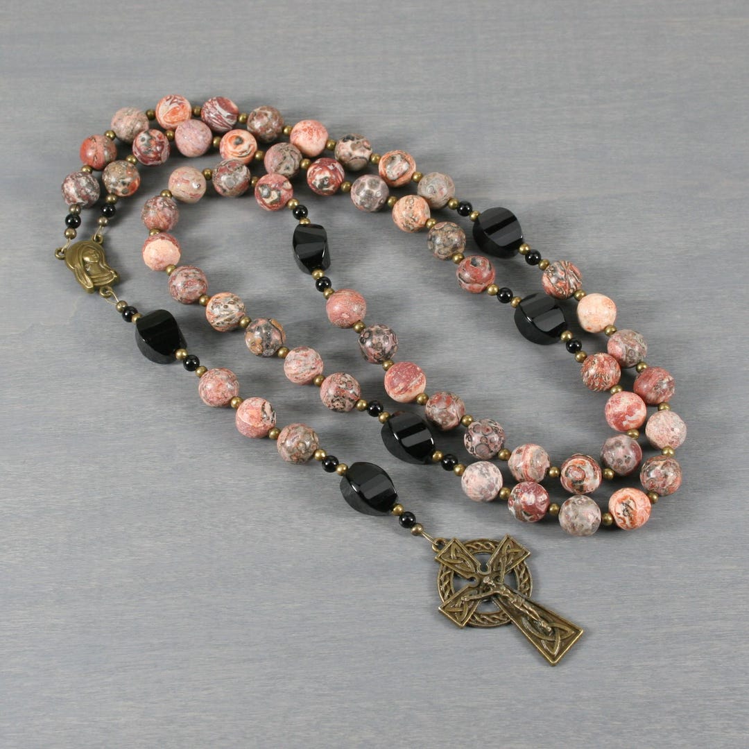 Large Bead Catholic Rosary in Leopard Jasper, Black Onyx, and Bronze ...