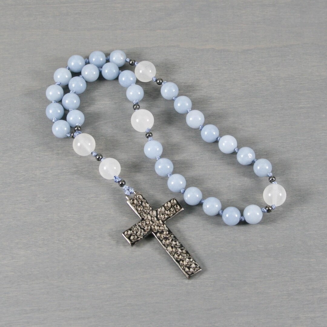 Anglican Rosary in Blue Angelite and Snow White Jade With a Hammered ...
