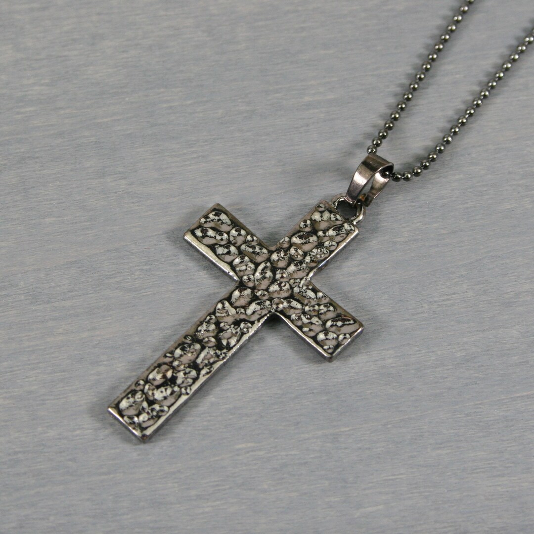 Hammered Gunmetal Cross on a Ball Chain Necklace - Etsy