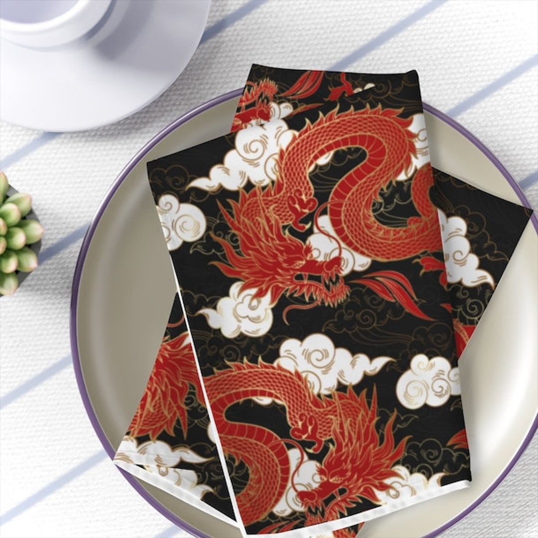 Chinoiserie Home Decor Black Red Table Napkins Oriental Dinner Napkins ...