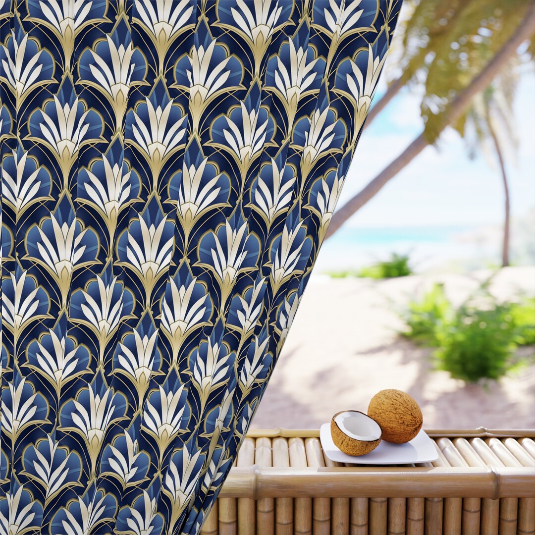 Art Deco Window Curtains Vintage Home Decor Blue Cream Gold Bedroom ...