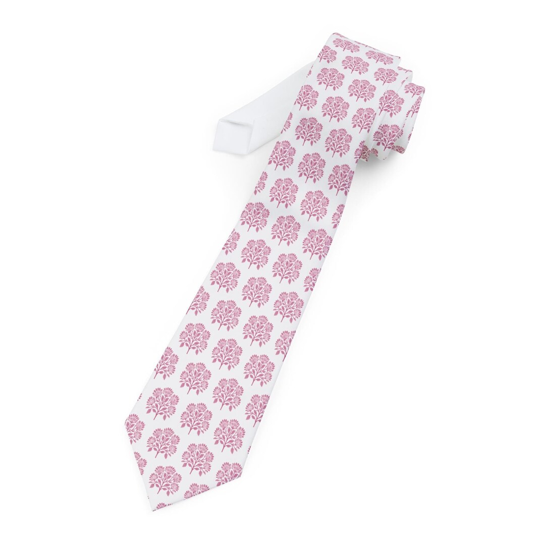 Floral Block Print Necktie for Men White Pink Tie Gift for Husband ...