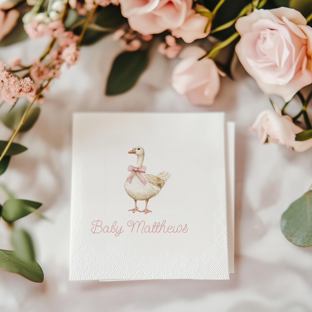 Custom Preppy Baby Shower Cocktail Napkins Watercolor Goose Pink Bow ...