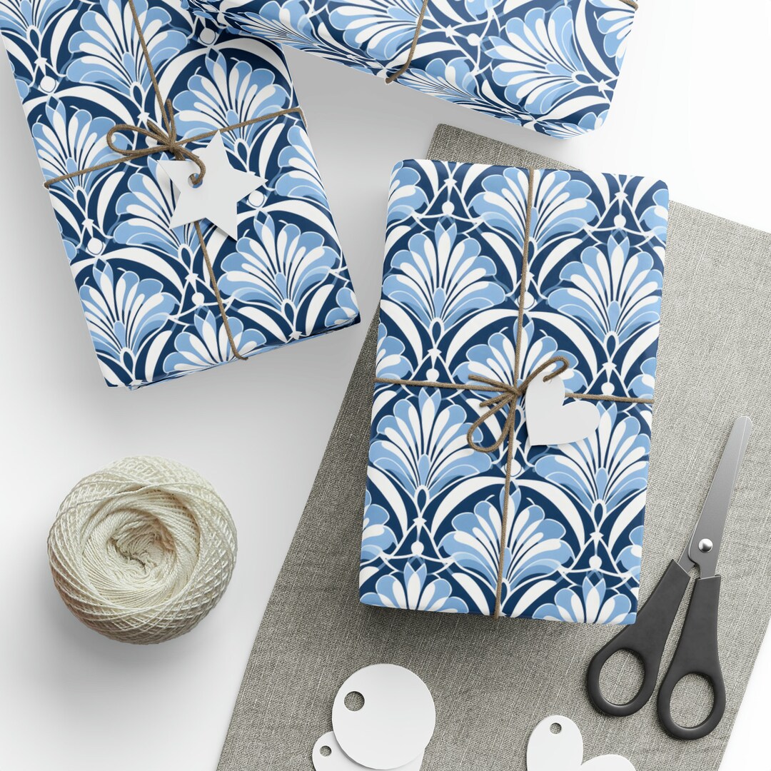Art Deco Wrapping Paper Blue White Elegant Christmas Gift Wrap Vintage ...