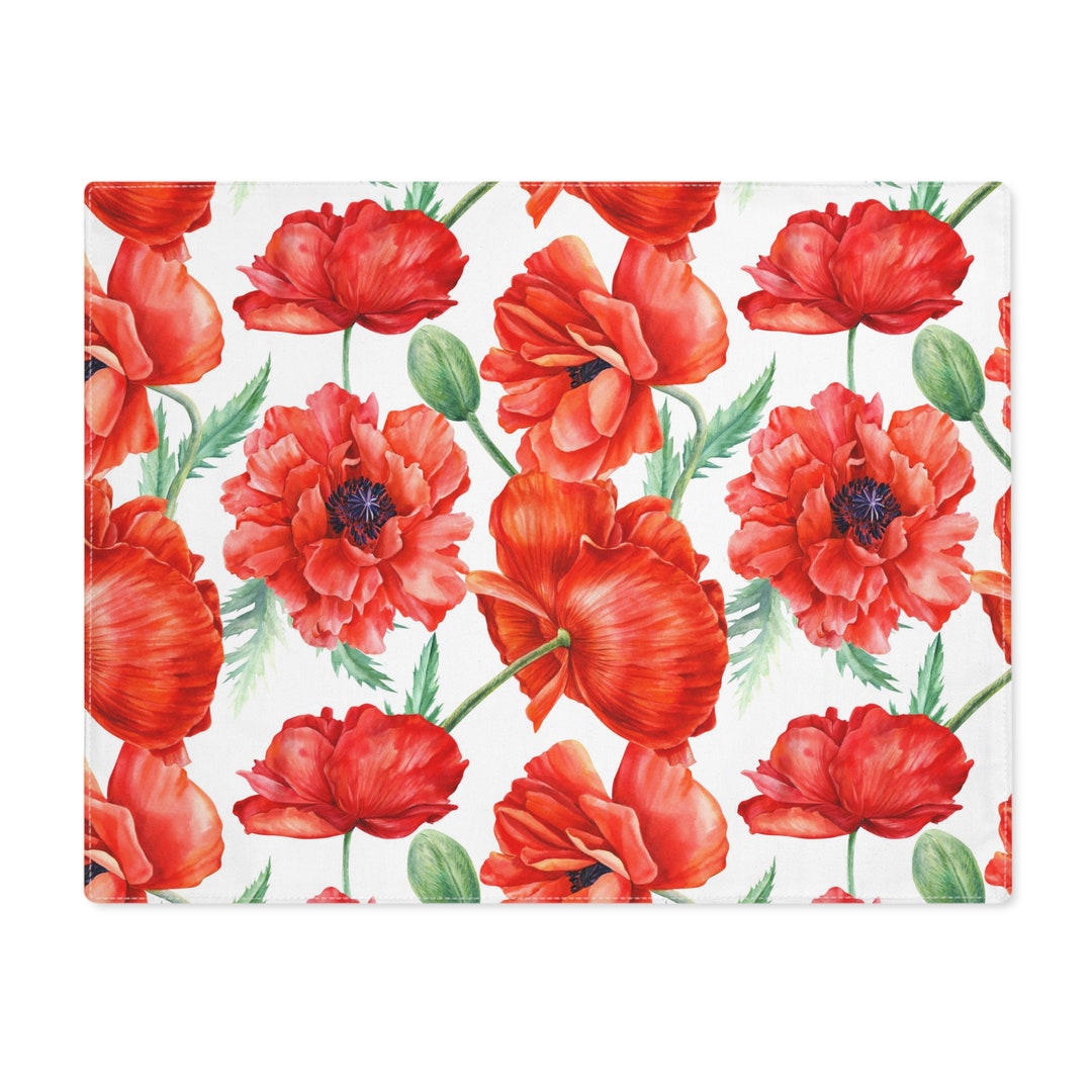 Floral Placemat Red Poppy Flowers Fabric Placemats Watercolor Pattern ...