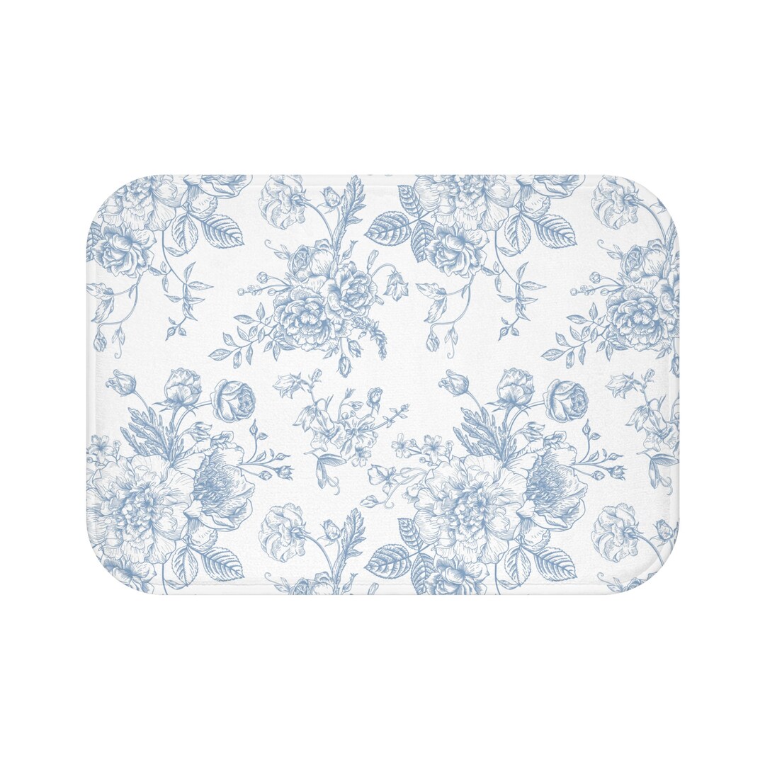 Blue Roses Bath Mat White Light Blue Bath Mats Vintage Bathroom Decor ...
