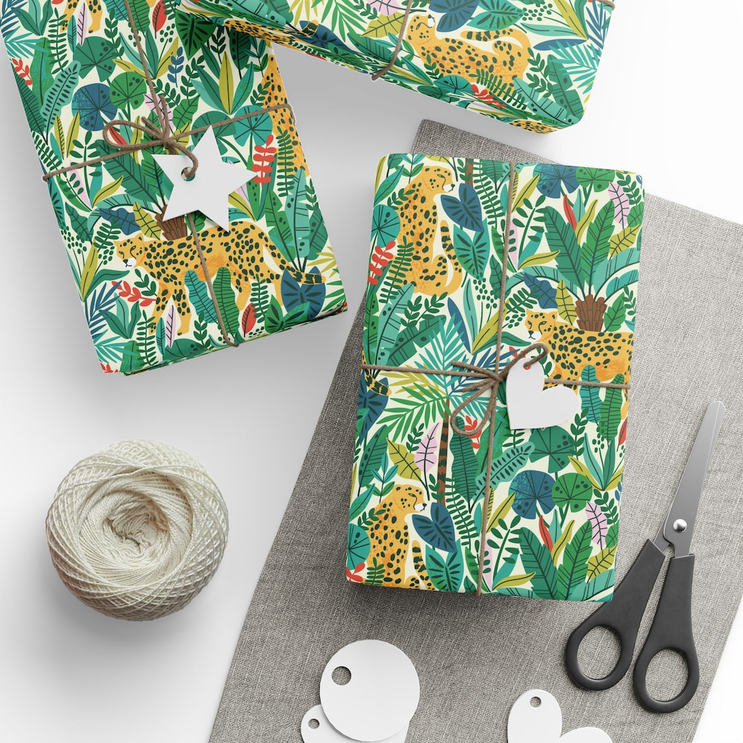 Cheetah Wrapping Paper Green Tropical Jungle Christmas Gift Wrap Cute ...