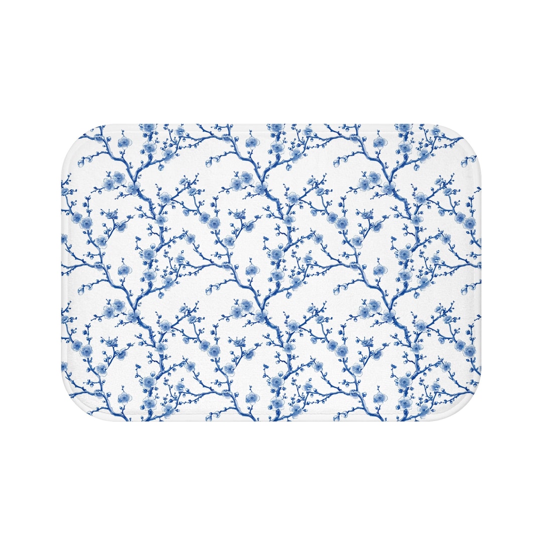 Cherry Blossom Bath Mat White Blue Bath Mats Vintage Bathroom Decor ...