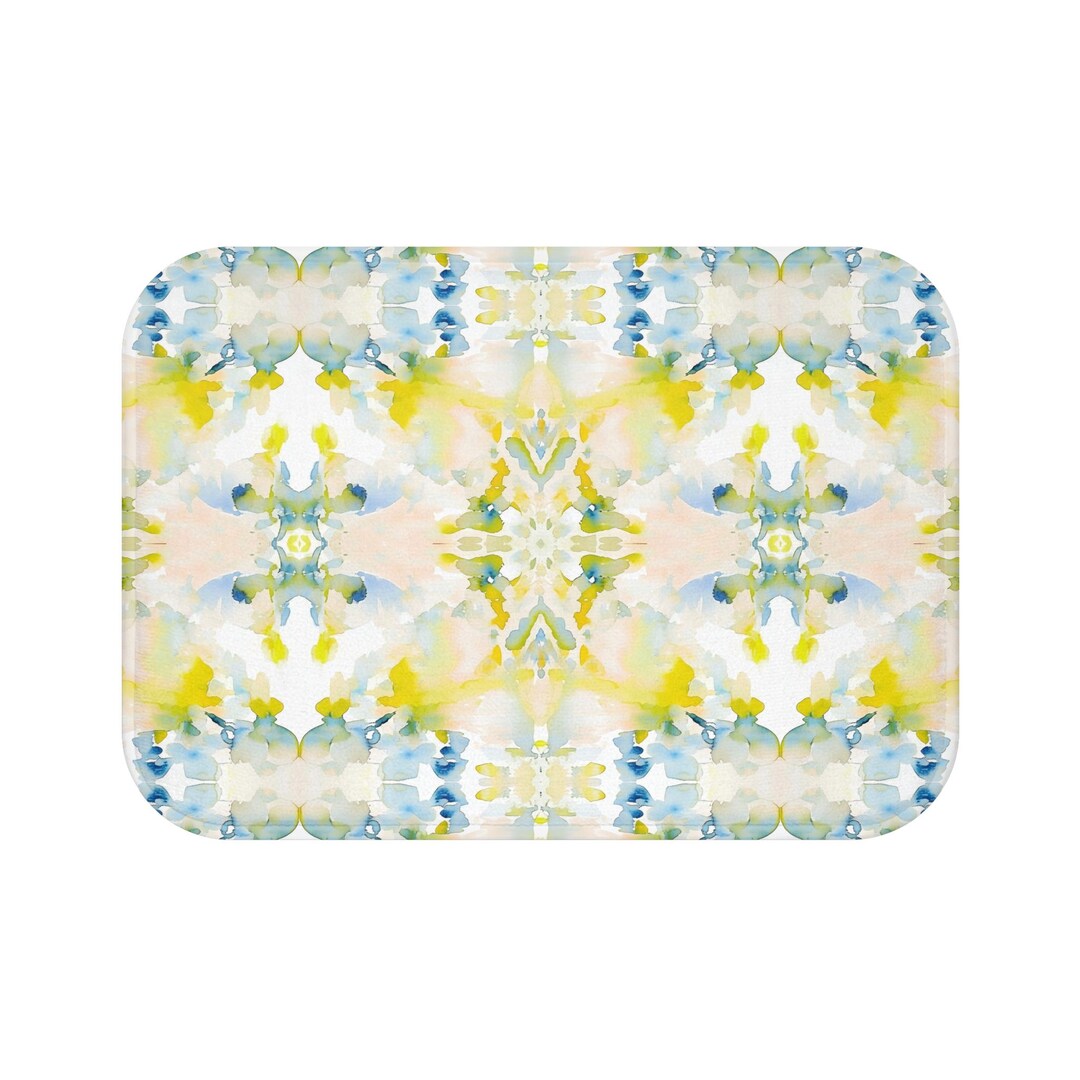 Abstract Art Bath Mat Watercolor Peach Blue Yellow Bath Rug Pastel ...