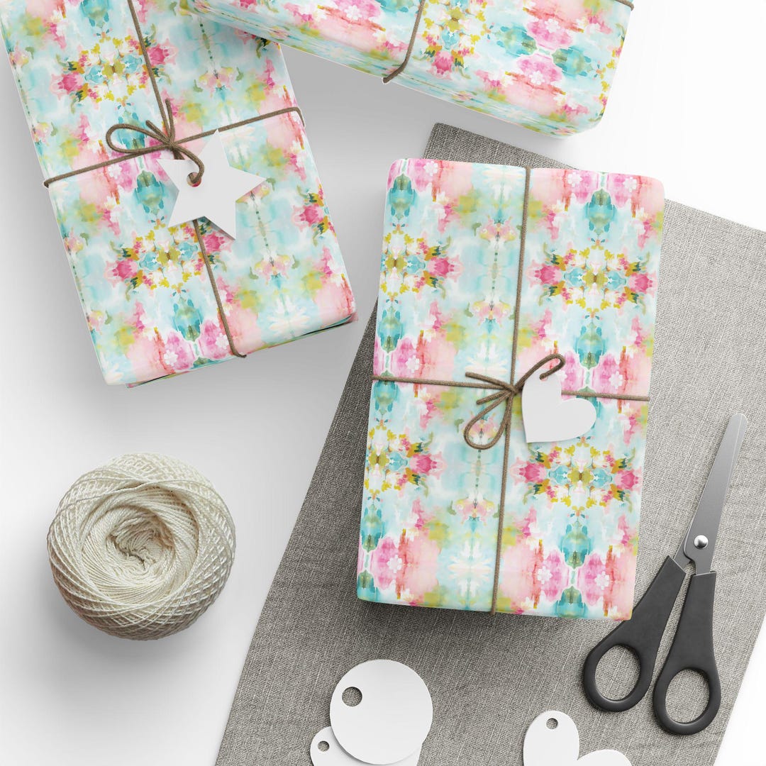 Abstract Art Wrapping Paper Roll Blush Pink Mint Watercolor Ikat ...