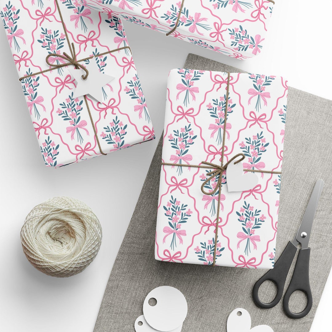 Pink Bows Wrapping Paper Vintage Floral Gift Wrap Grandmillennial ...