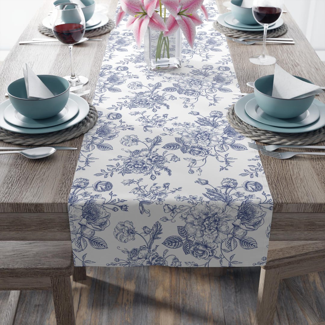 Blue Roses Toile Table Runner Cotton Vintage Flowers Table Decor White ...