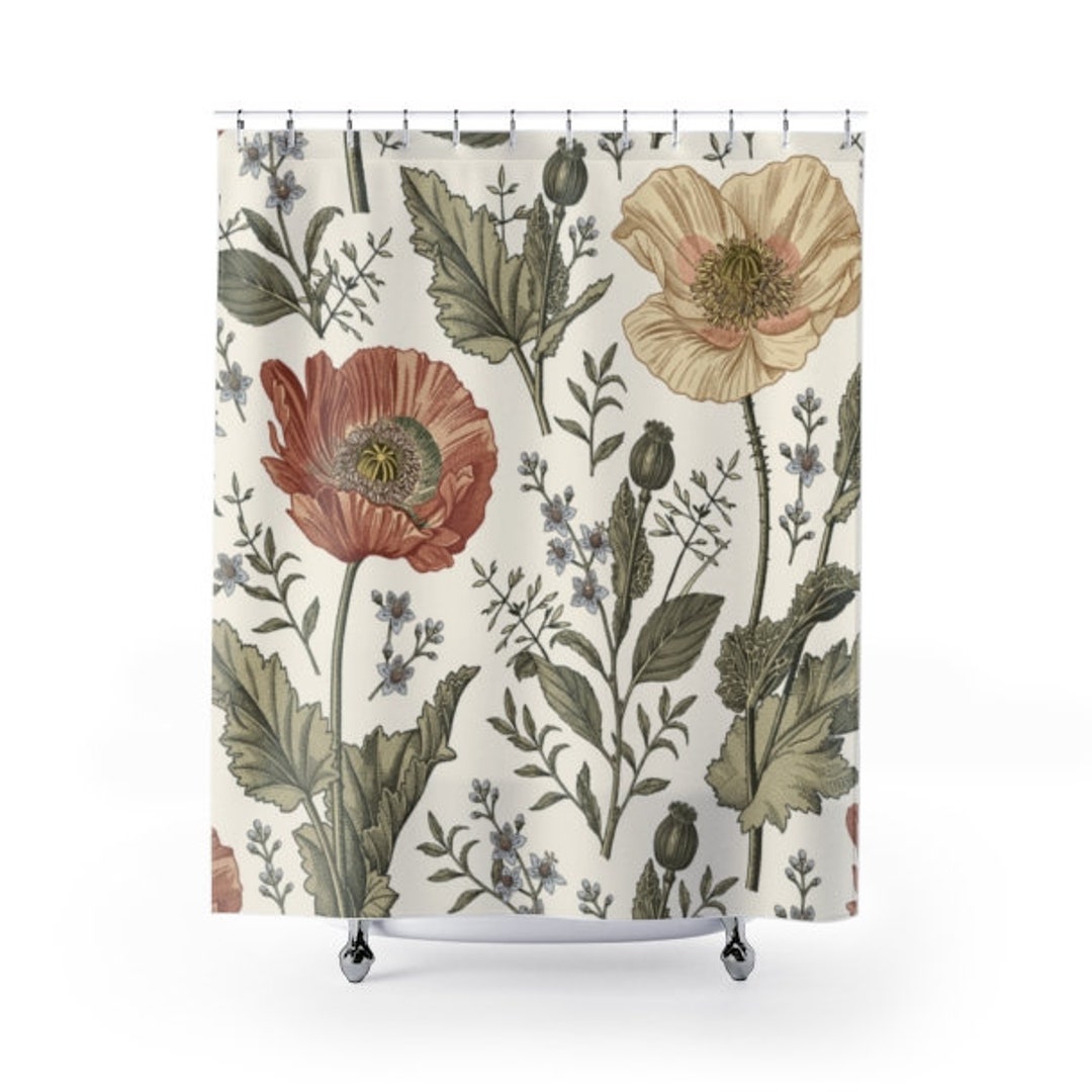 Poppy Shower Curtain Vintage Bathroom Decor Floral Shower Curtain